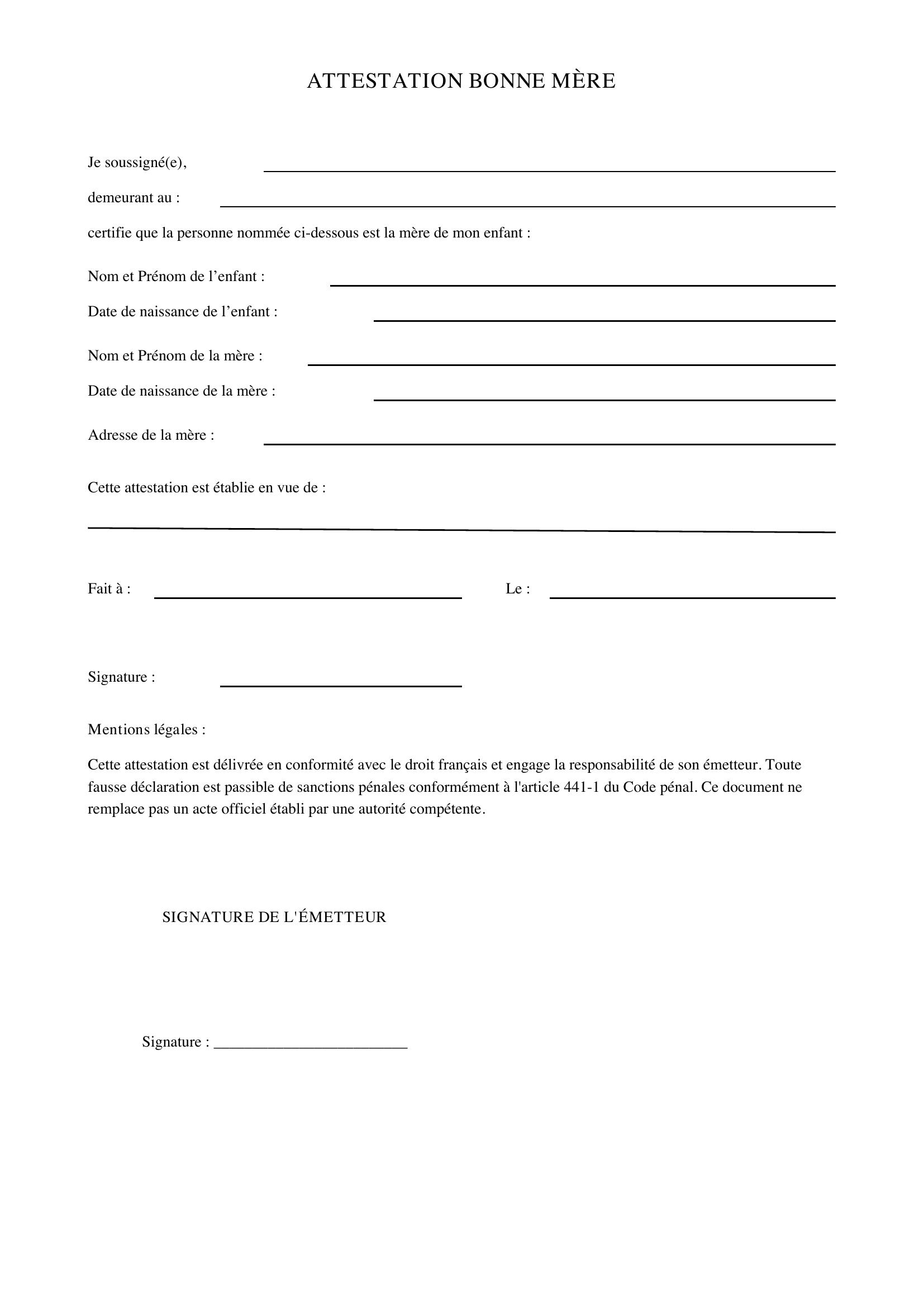 Modèle Attestation Bonne Mère