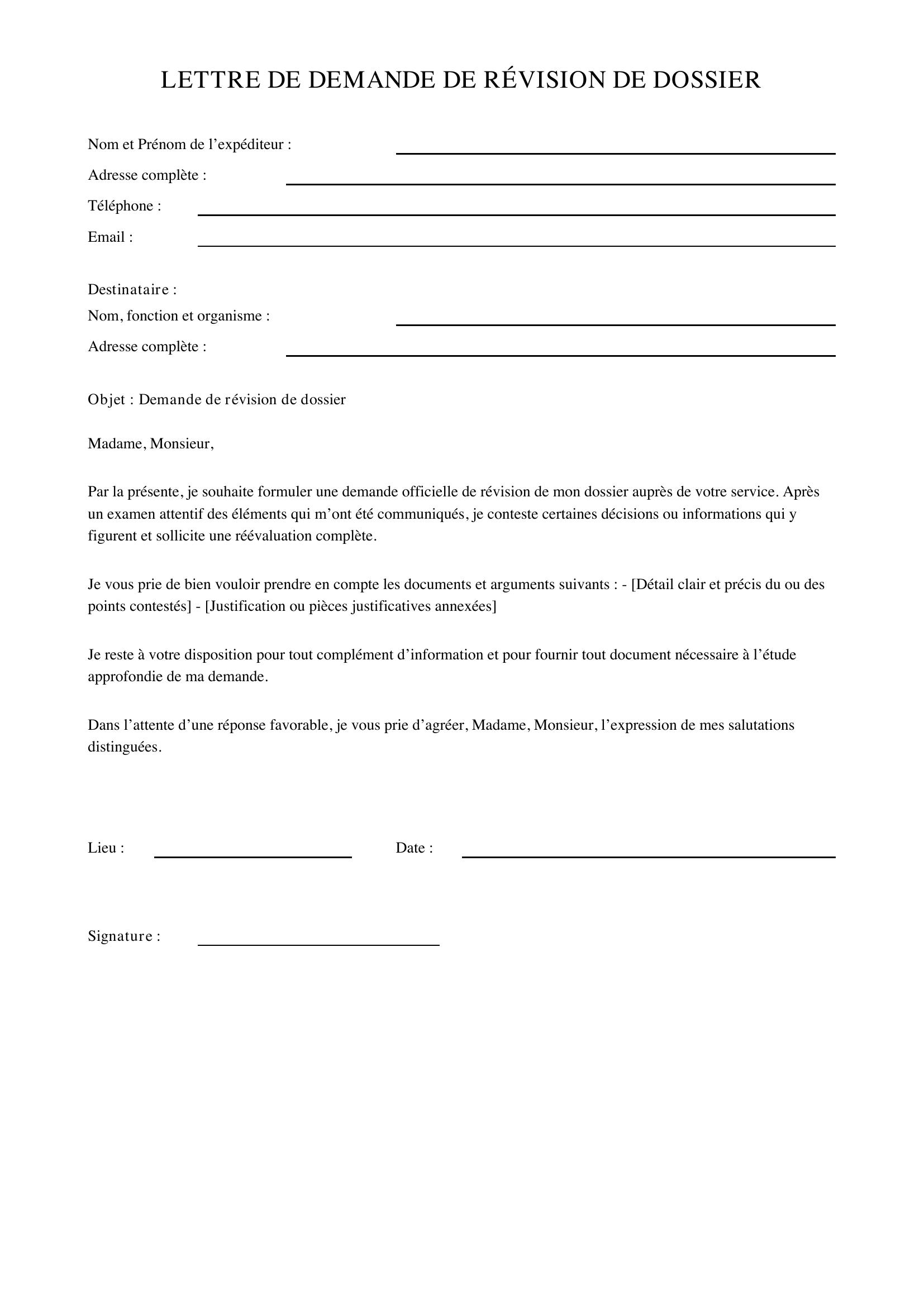 Modèle Lettre Demande Révision Dossier